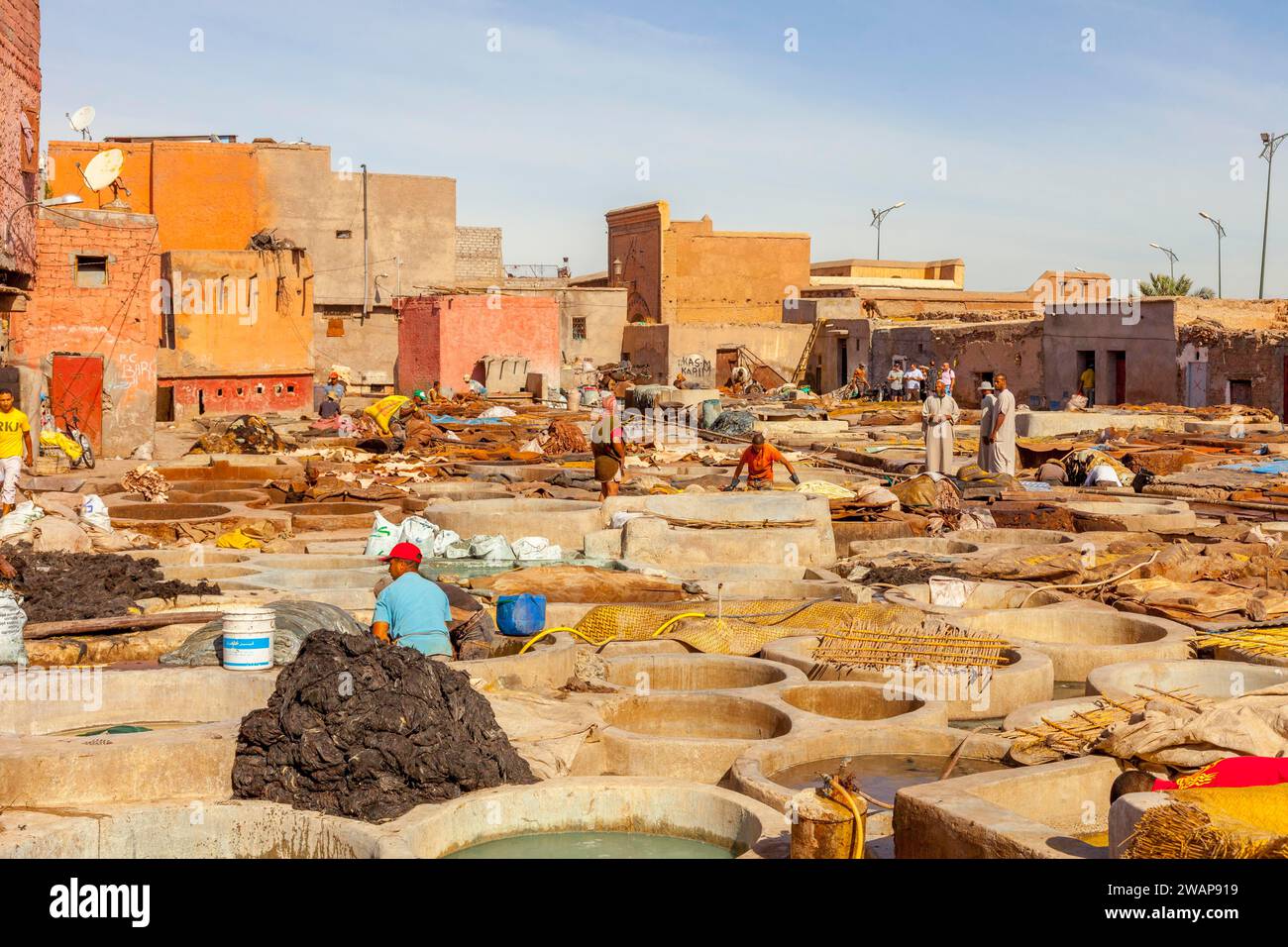 Traditional tannery with dyeing vats for animal skins, Marrakech ...