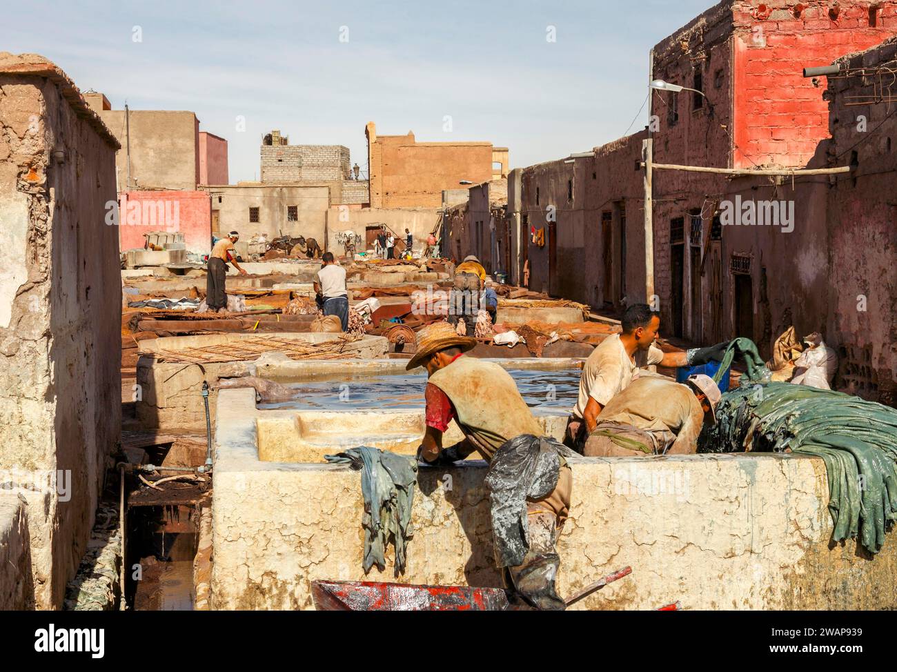 Traditional tannery with dyeing vats for animal skins, Marrakech ...