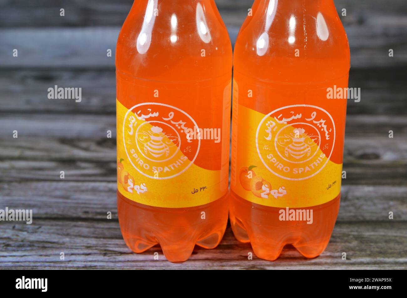Cairo, Egypt, January 1 2024: Spiro Spathis peach soda drink, Spiro ...
