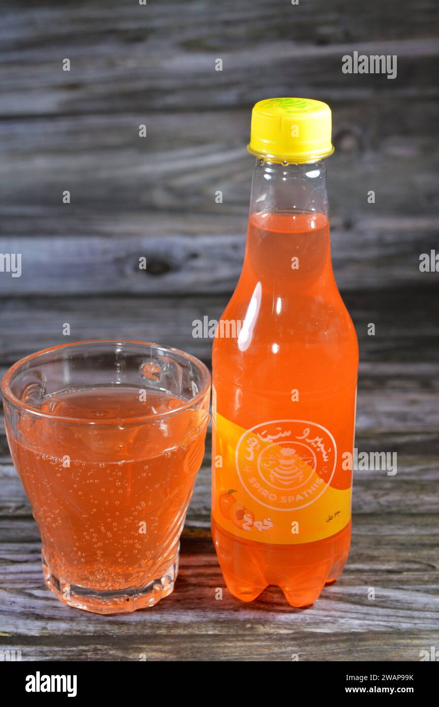 Cairo, Egypt, January 1 2024: Spiro Spathis peach soda drink, Spiro ...