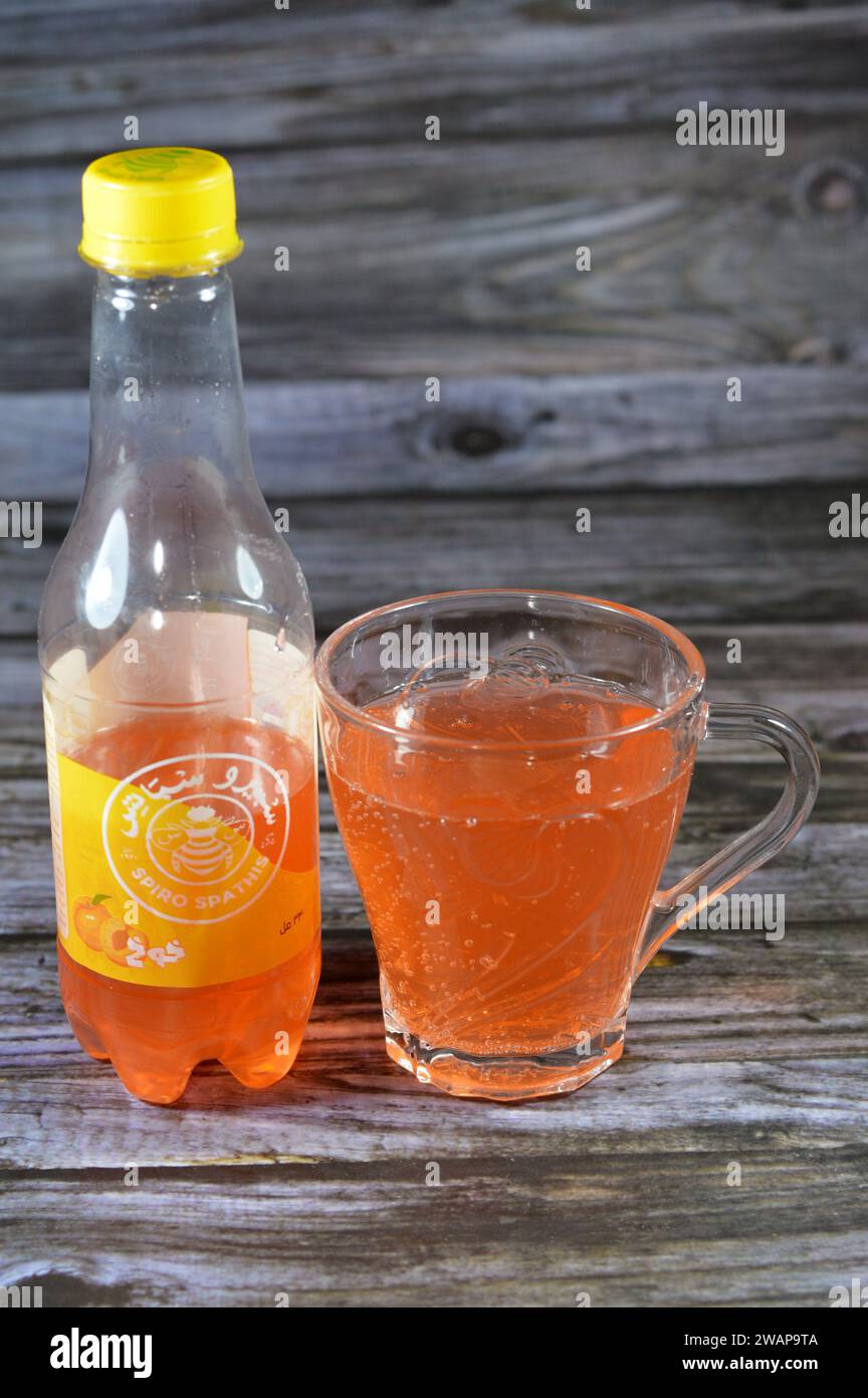 Cairo, Egypt, January 1 2024: Spiro Spathis peach soda drink, Spiro ...