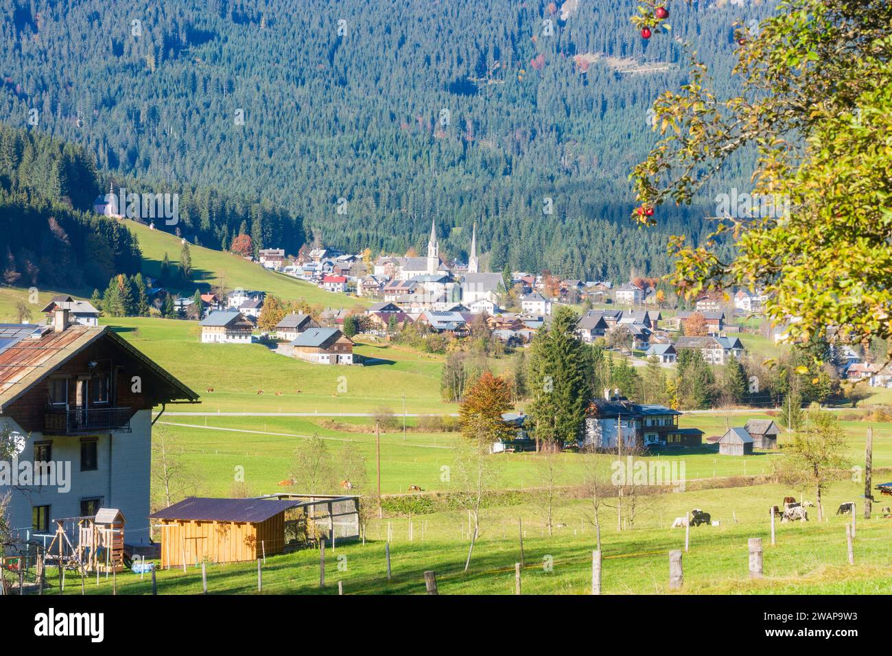Gosau: village Gosau, Catholic and Evangelical parish church ...