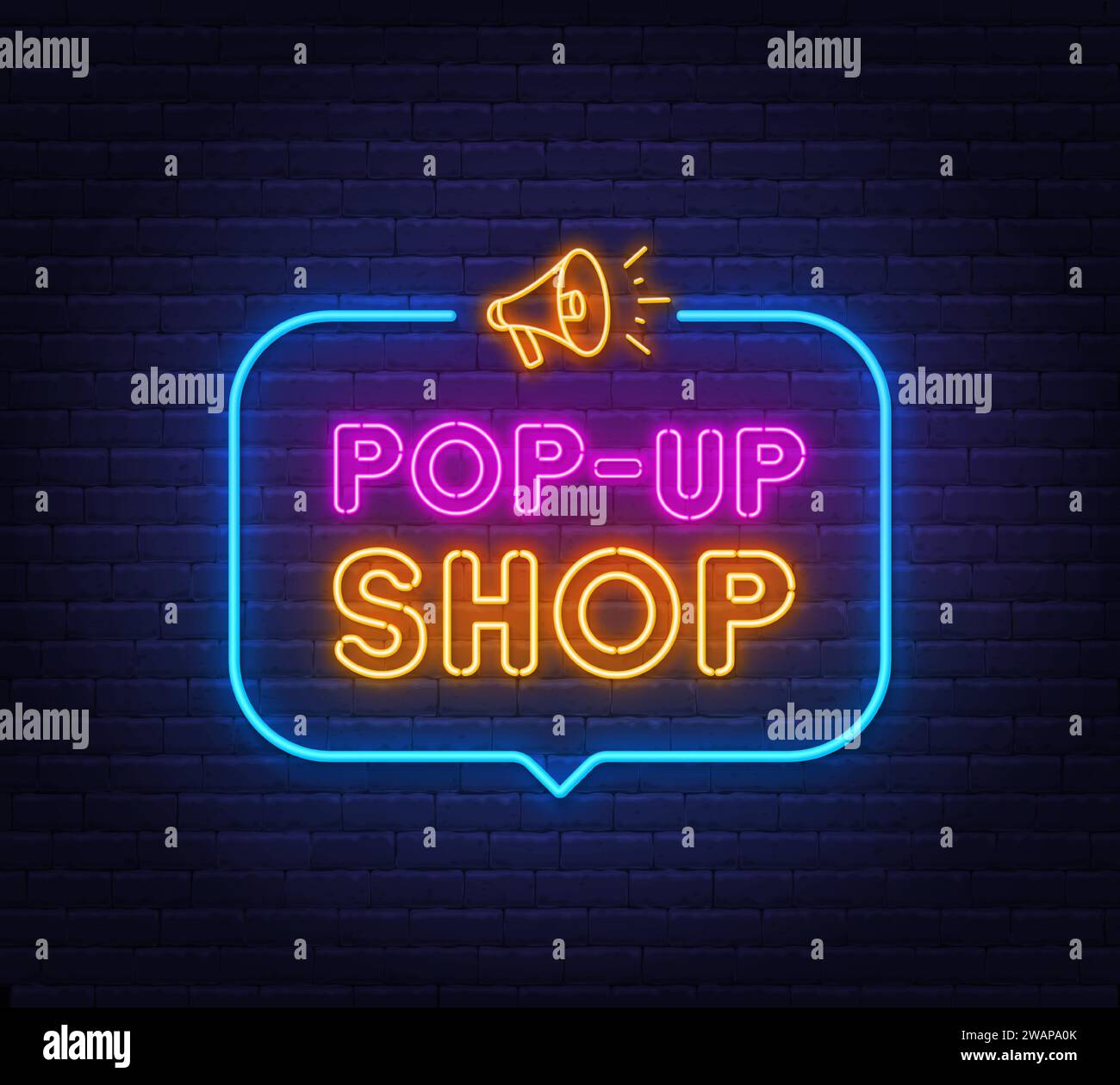 Pop Up Shop neon sign in the speech bubble on brick wall background ...