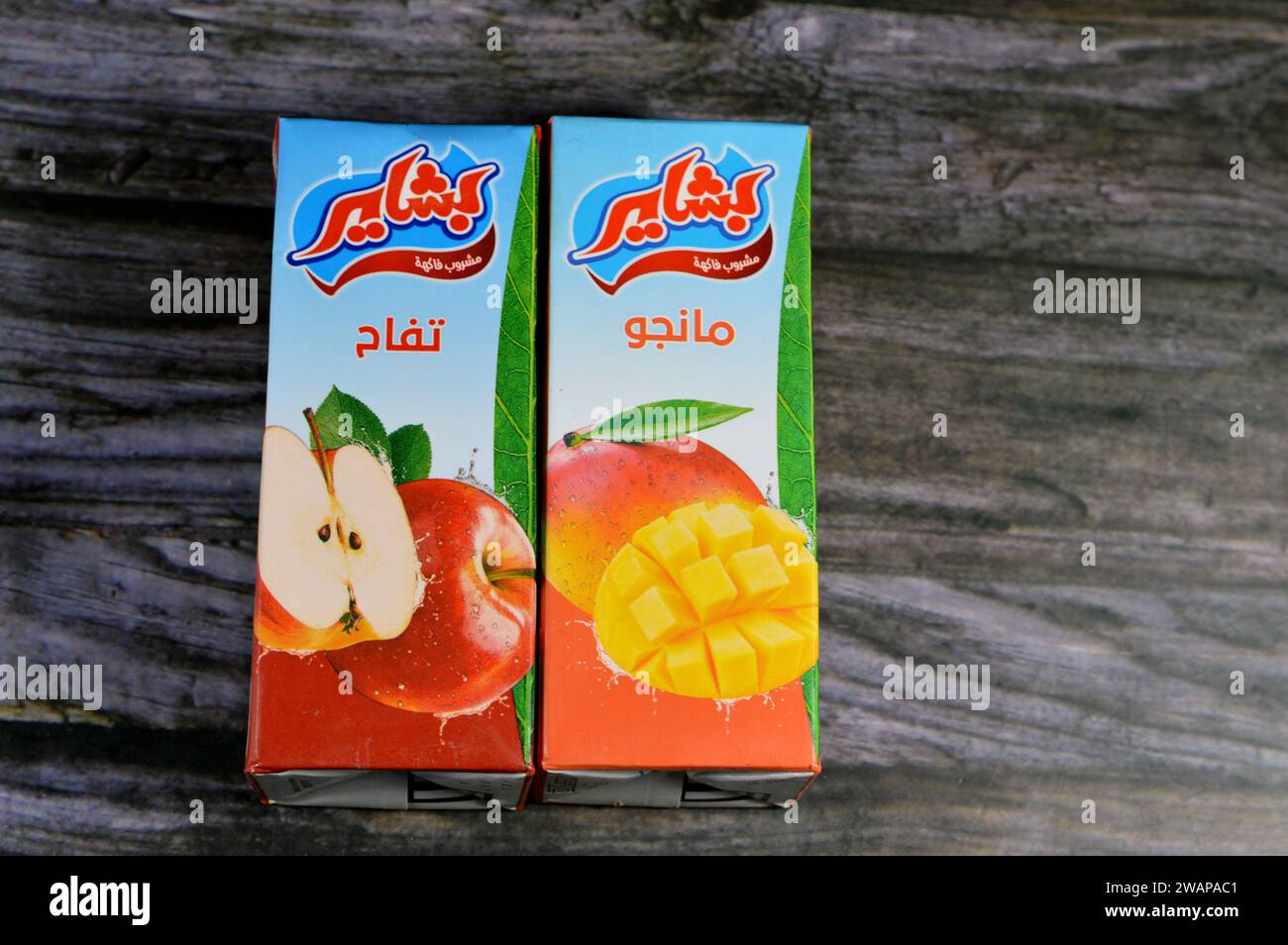 Cairo, Egypt, January 2 2024: Bashayer apple fruit drink and Mango ...
