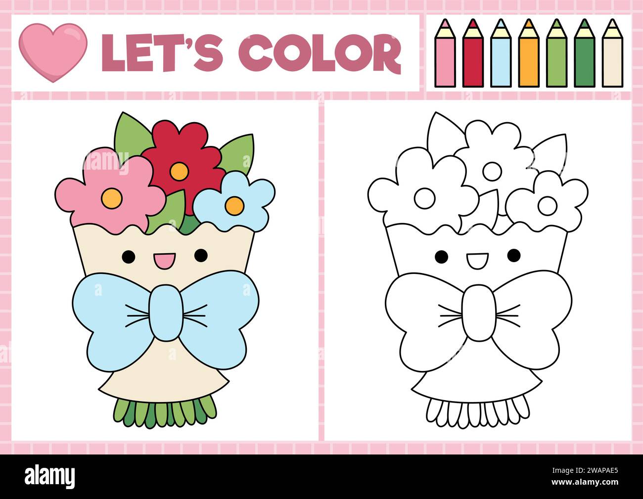 Saint Valentine coloring page for children with cute kawaii bouquet of ...