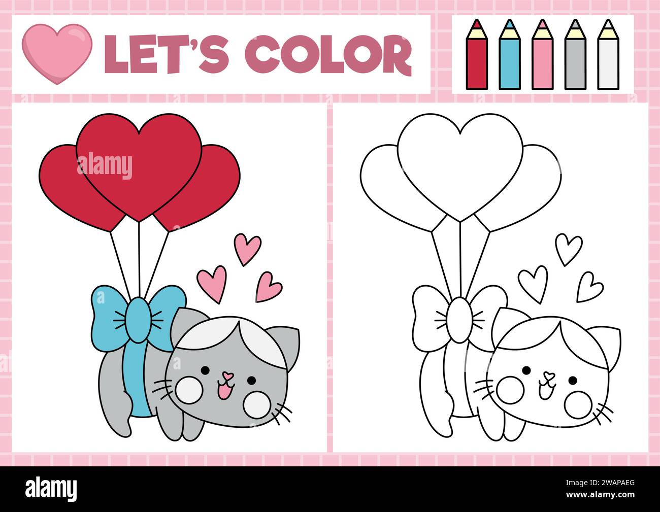 Saint Valentine coloring page for children with cute kawaii cat flying ...