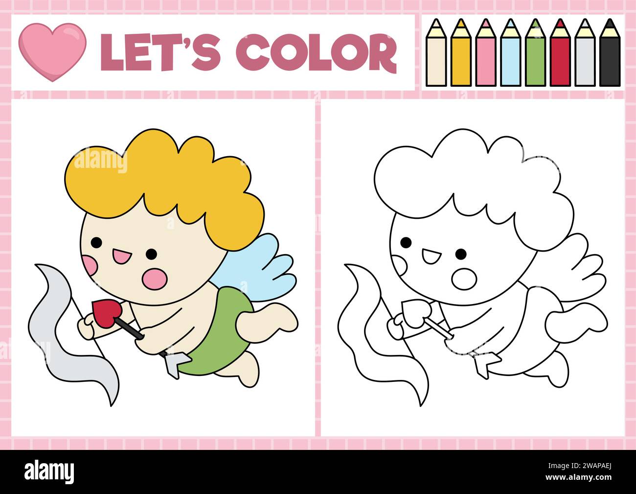 Saint Valentine coloring page for children with cute kawaii cupid with ...