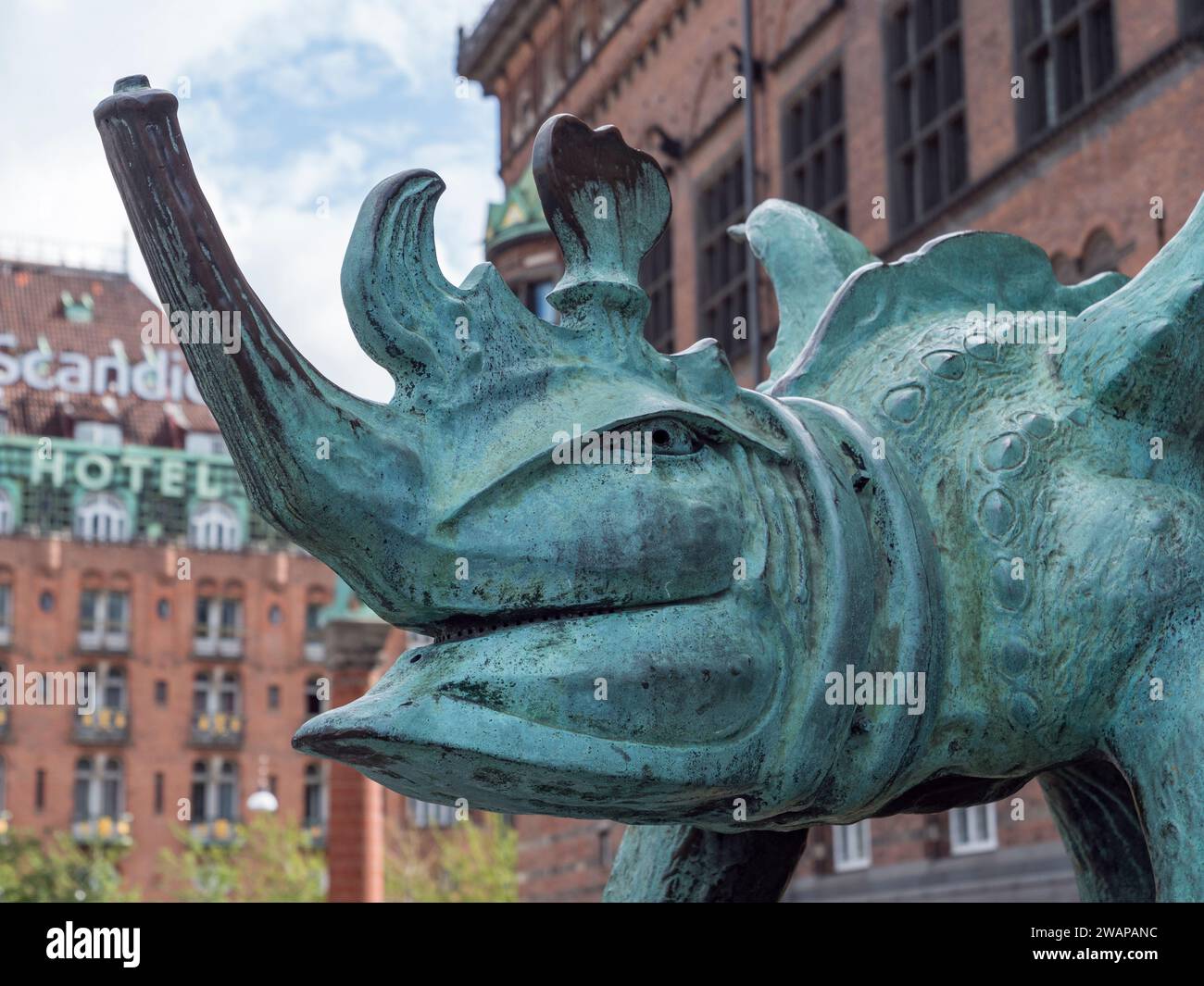 Bronze dragon sculpture at the base of the Copenhagen City Hall, in ...