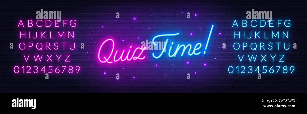 Quiz Time neon lettering on brick wall background. Pink and blue neon ...