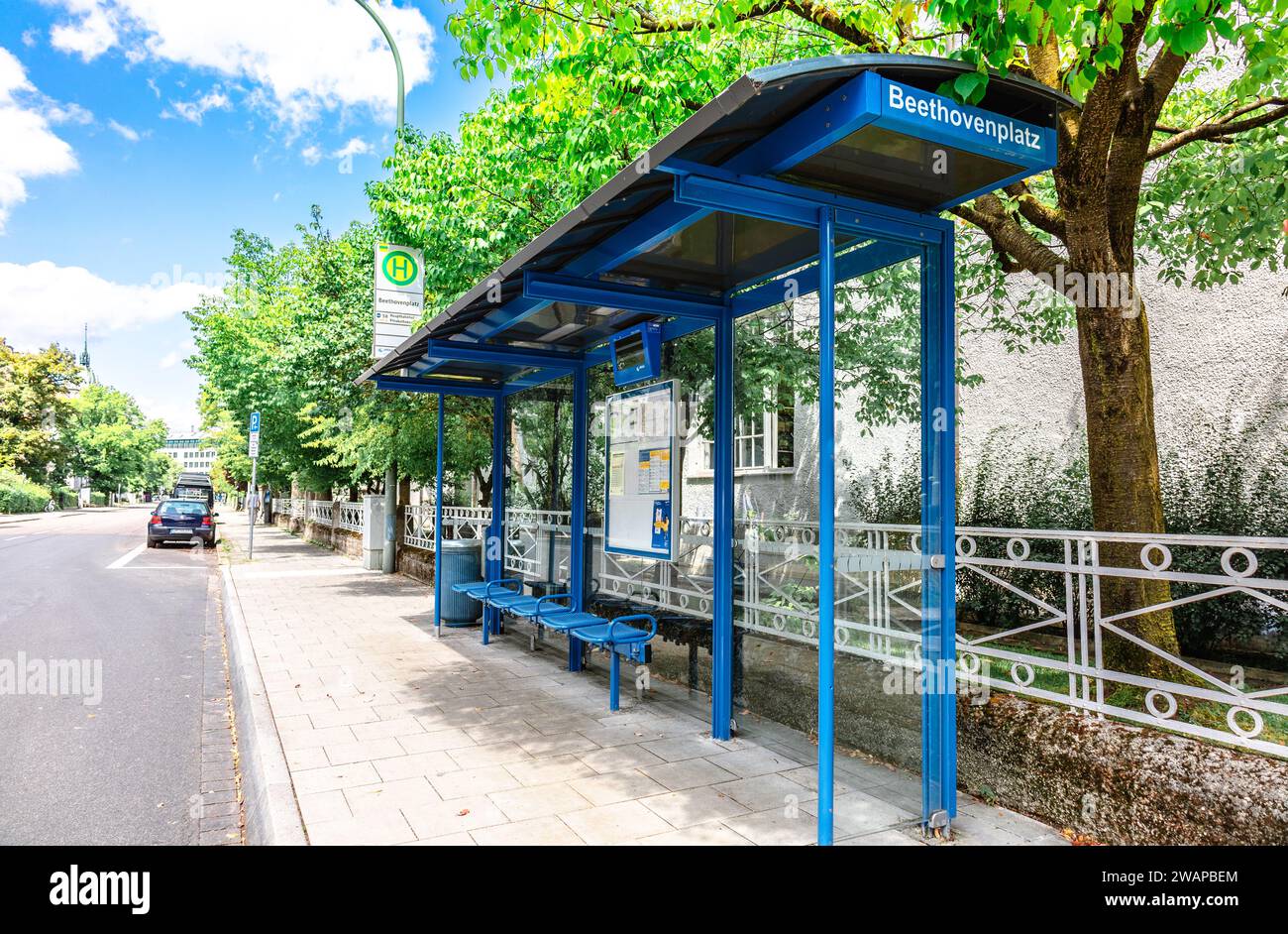 Munich, Germany - July 22, 2023: Empty bus stop in Munich on summer ...