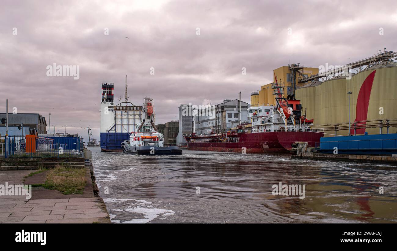 Large Ro-Ro (roll on-roll off) cargo ship in the port of Saint-Nazaire ...