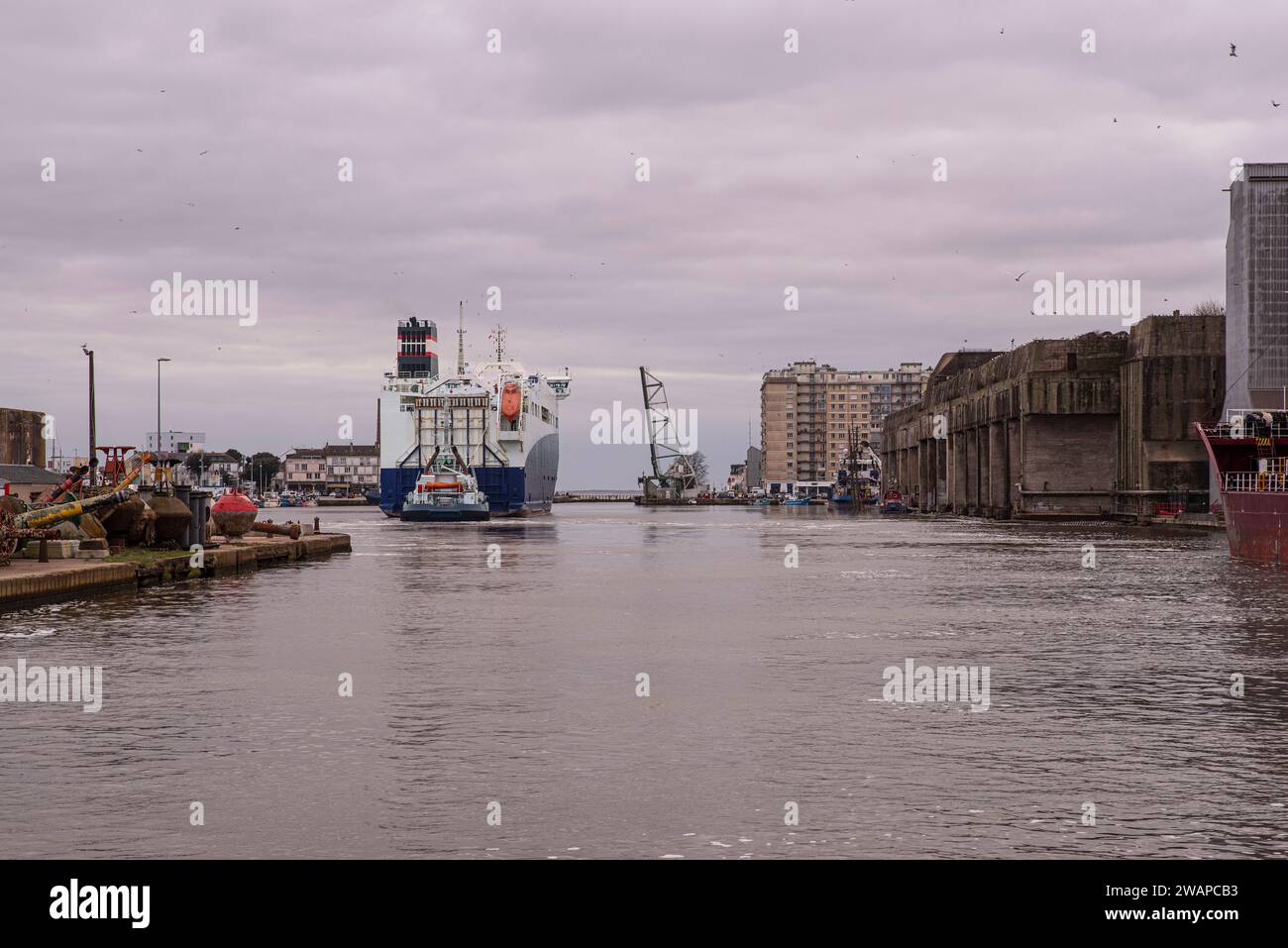 Large Ro-Ro (roll on-roll off) cargo ship in the port of Saint-Nazaire ...