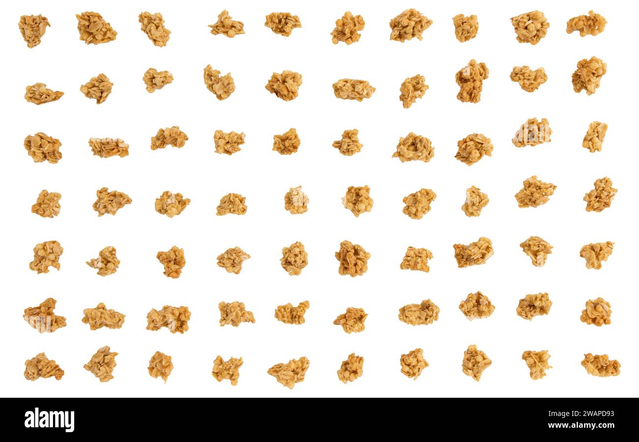 crunchy granola, muesli pattern, collection with nuts isolated on white ...