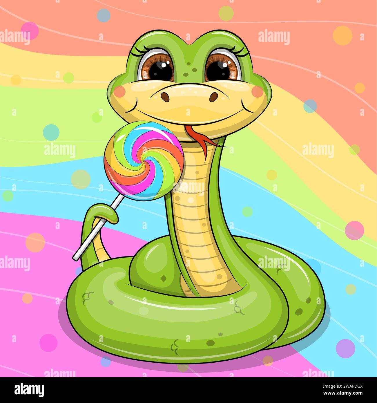 Cute cartoon green snake holds a lollipop. Vector illlustration of ...
