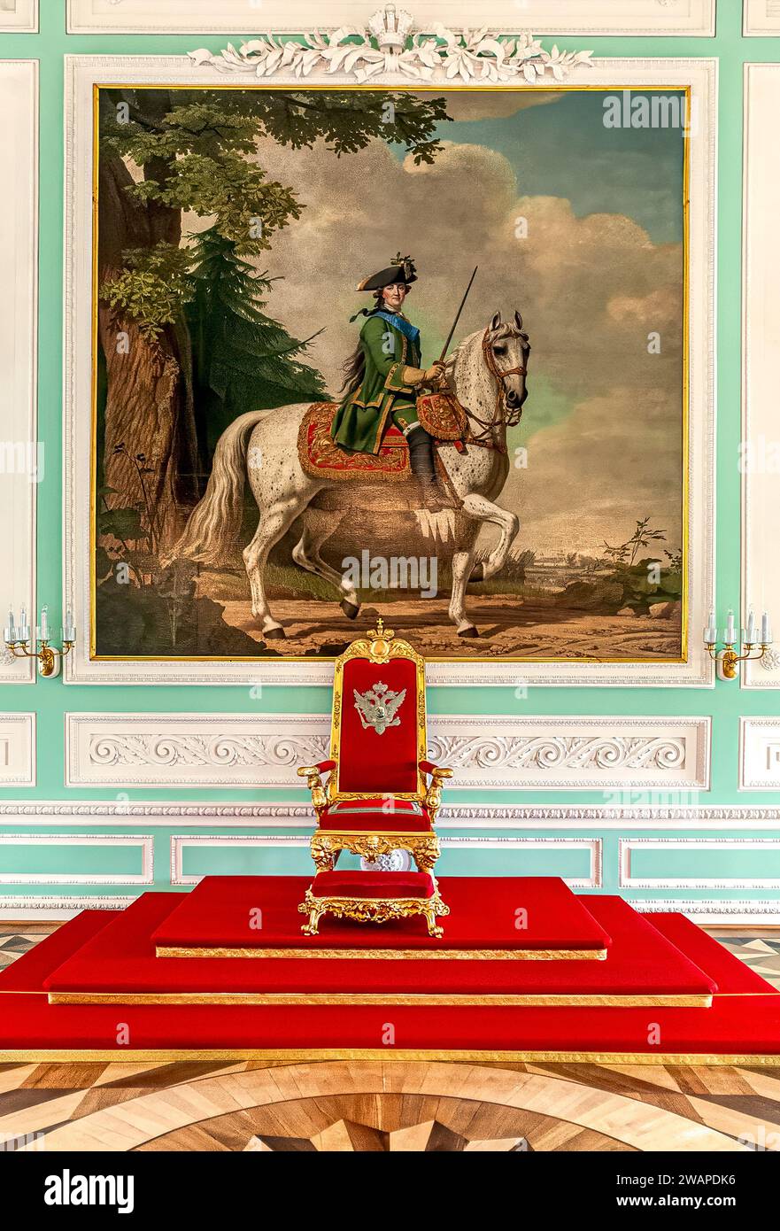 The Grand Throne Room of the Peterhof Palace (Petrodvorets) in St ...