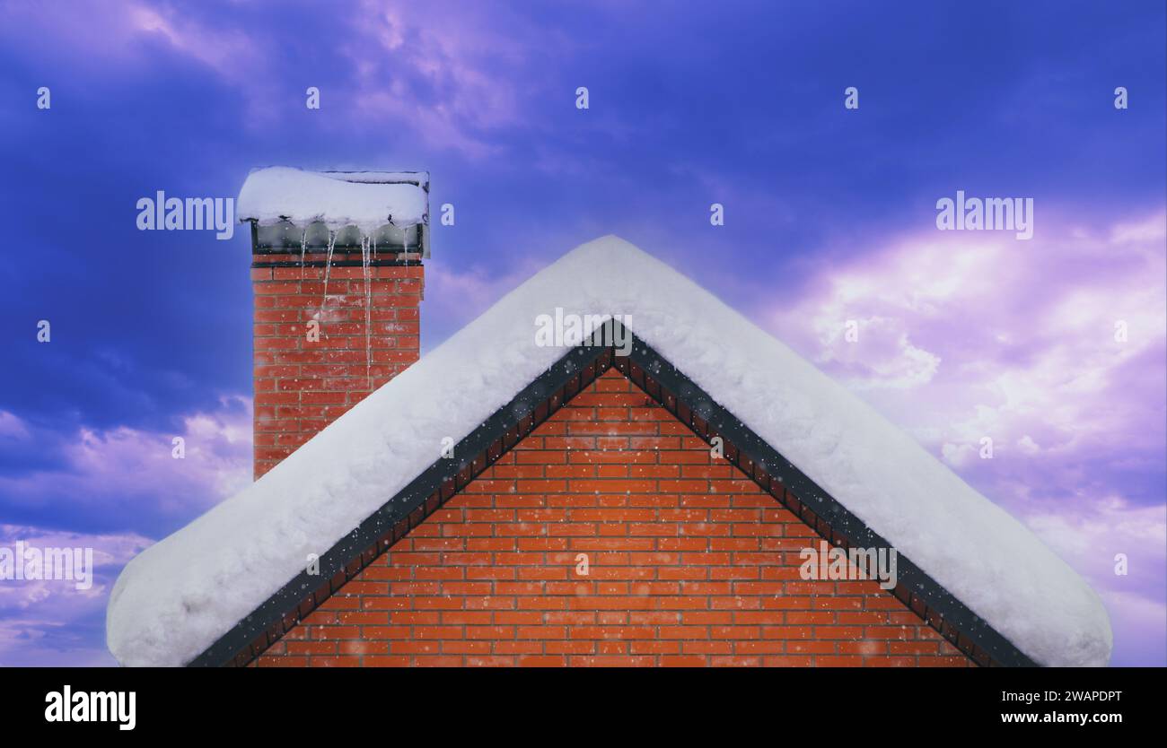Roof and brick chimney covered with snow in winter Stock Photo - Alamy