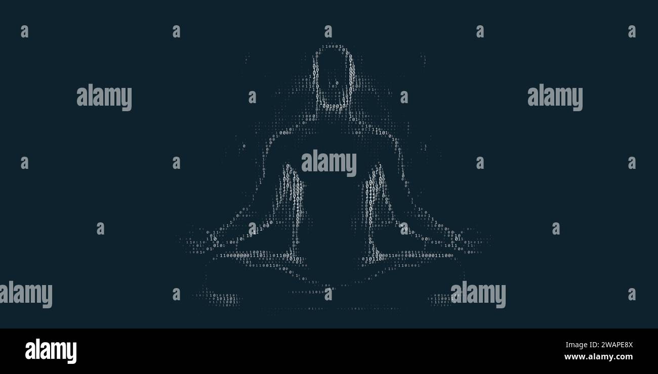 Binary praying figure. Digital belief. Cyber meditation. AI religion ...