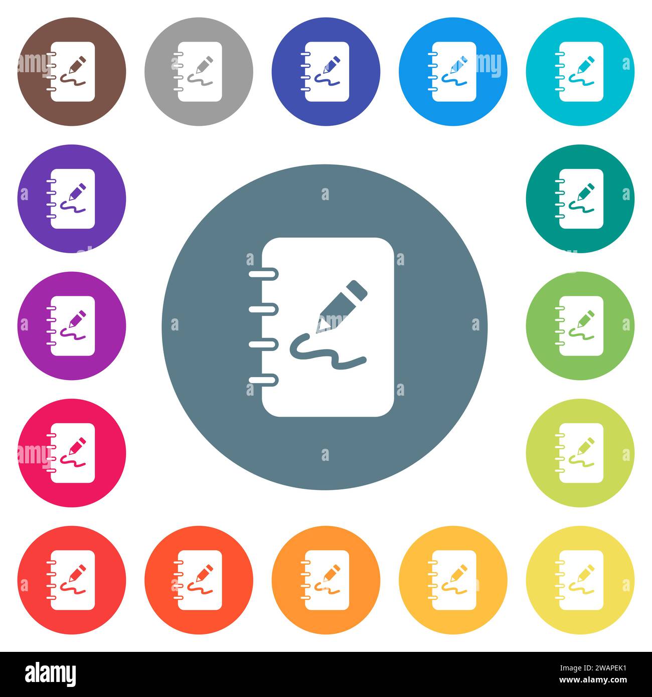 Spiral notepad with drawing solid flat white icons on round color ...