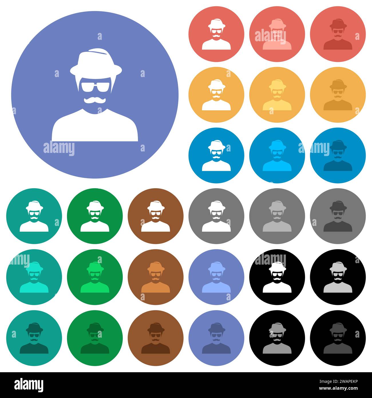 Spy with mustache avatar multi colored flat icons on round backgrounds ...