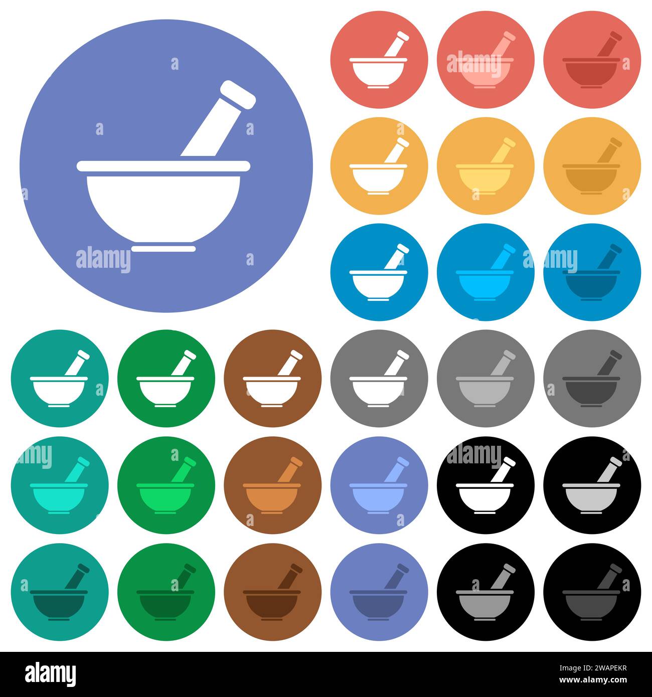 Mortar and pestle solid multi colored flat icons on round backgrounds. Included white, light and ...