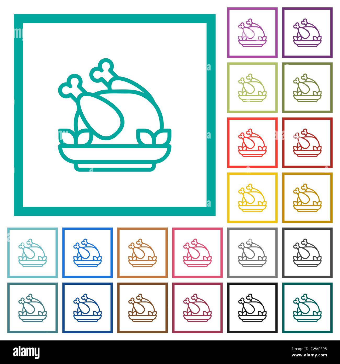 Roasted chicken outline flat color icons with quadrant frames on white ...