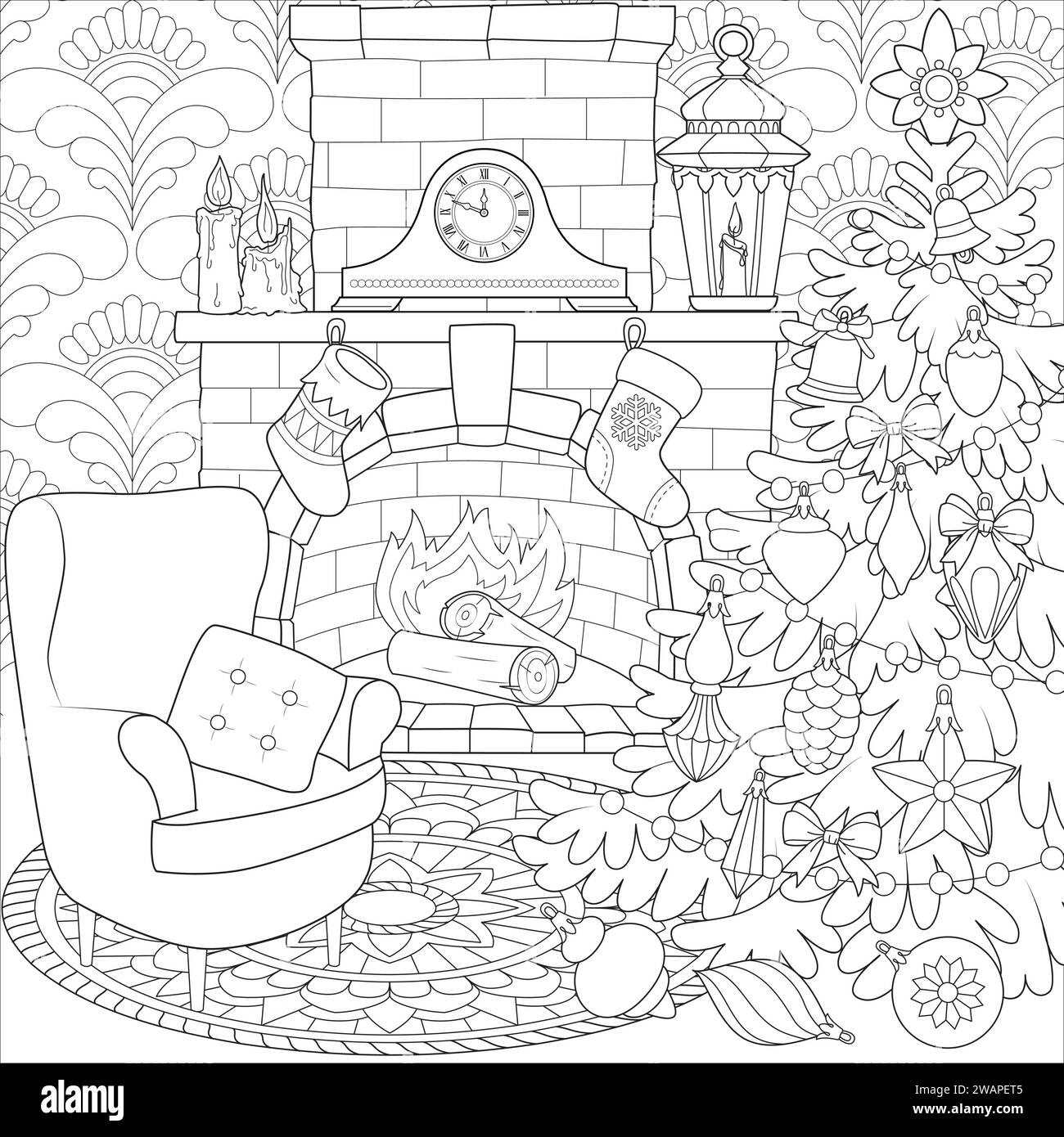 A cozy room with a burning fireplace and a decorated Christmas tree. A ...