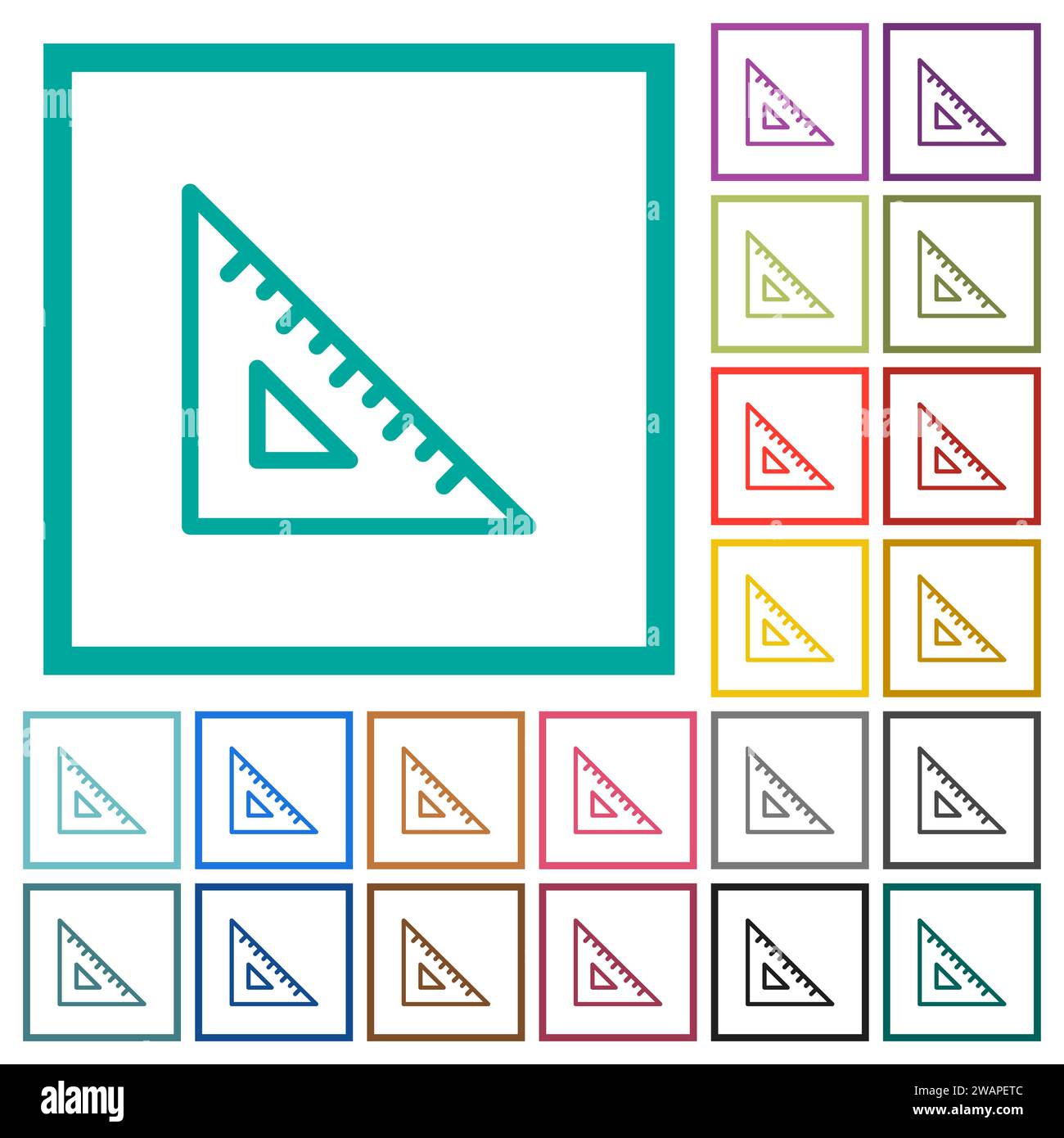Triangle ruler outline flat color icons with quadrant frames on white ...