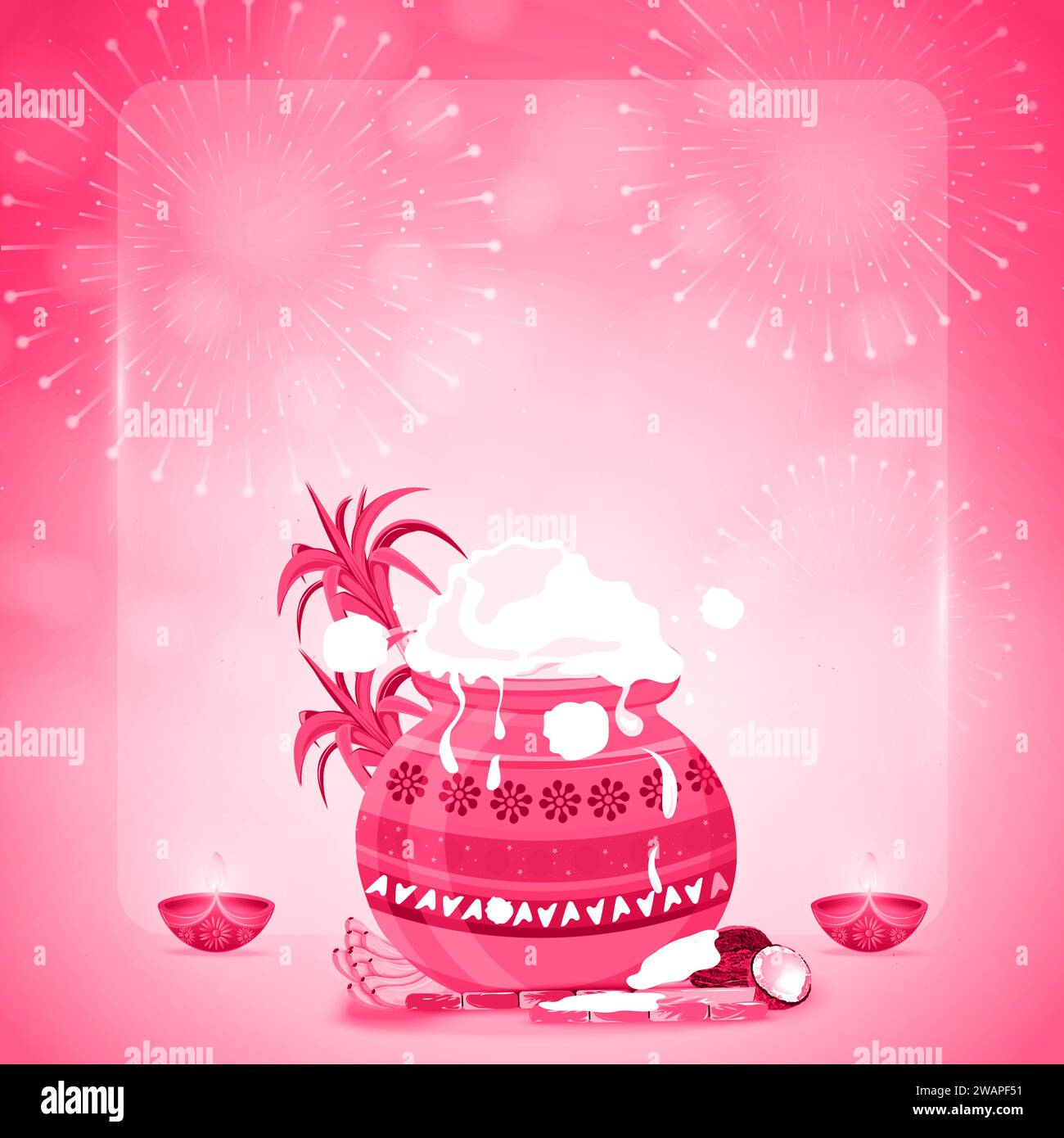 Happy Pongal festival greeting card with rice bowl and fireworks ...
