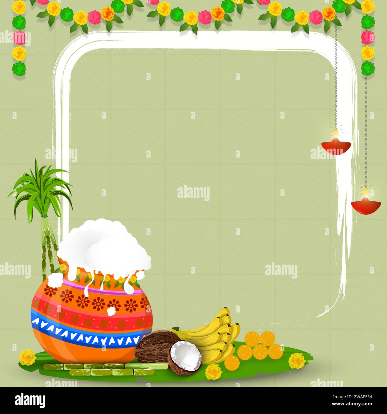 Happy Pongal background with coconut, banana, sugarcane, Pongal pot and ...