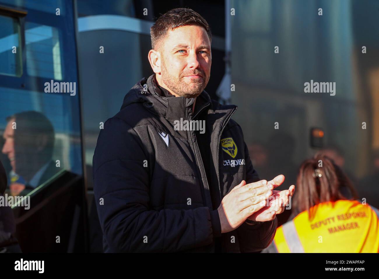Oxford United Head coach Des Buckingham arrives during the Emirates FA ...