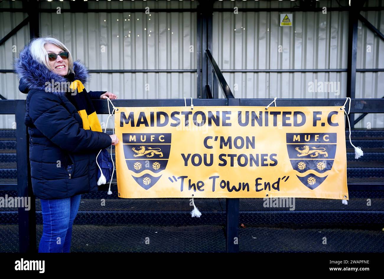 A Maidstone United banner is hung up ahead of the Emirates FA Cup Third ...