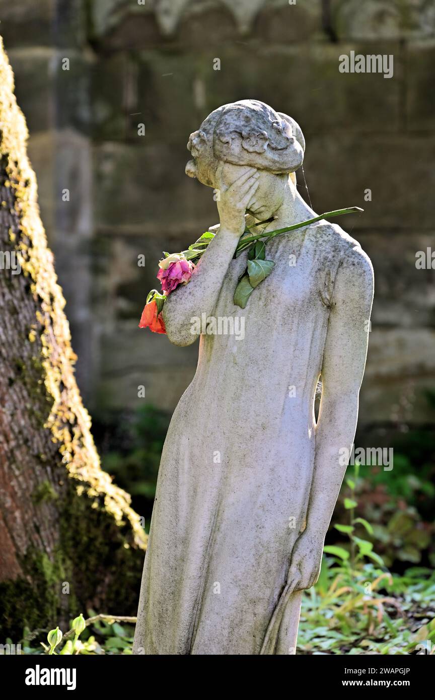 Mourning woman sculpture with a rose Stock Photo - Alamy