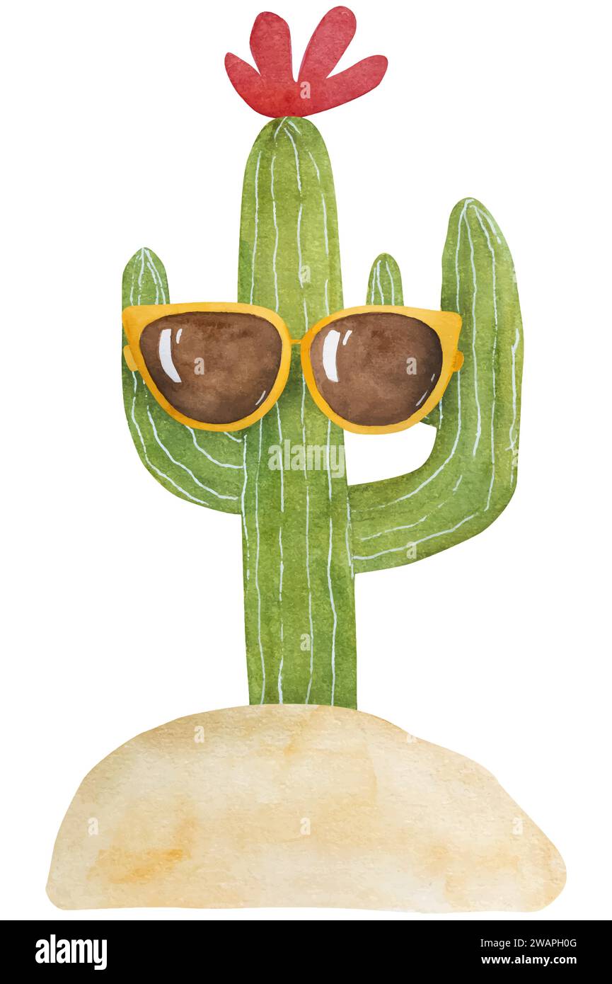 Hand-Drawn Vector Image Of A Cheerful Cactus In Sunglasses, A ...