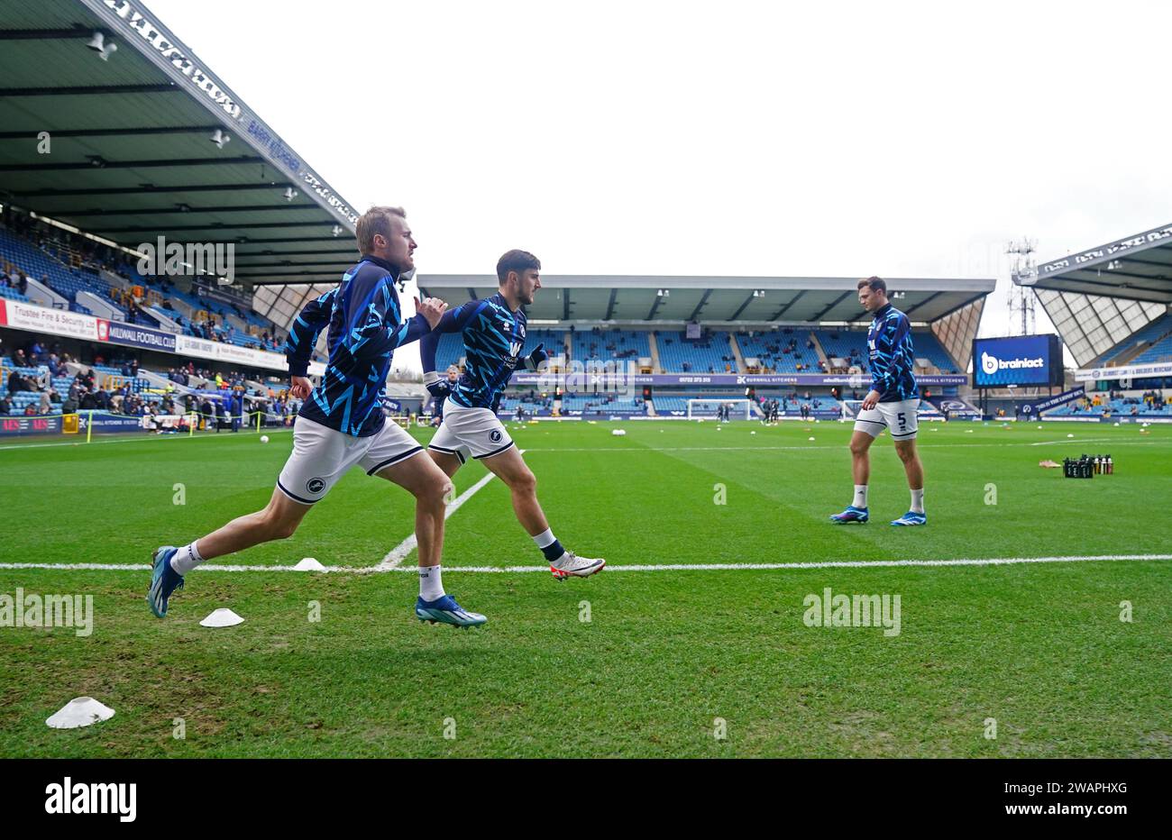Millwall players warming up prior to kick-off during the Emirates FA ...