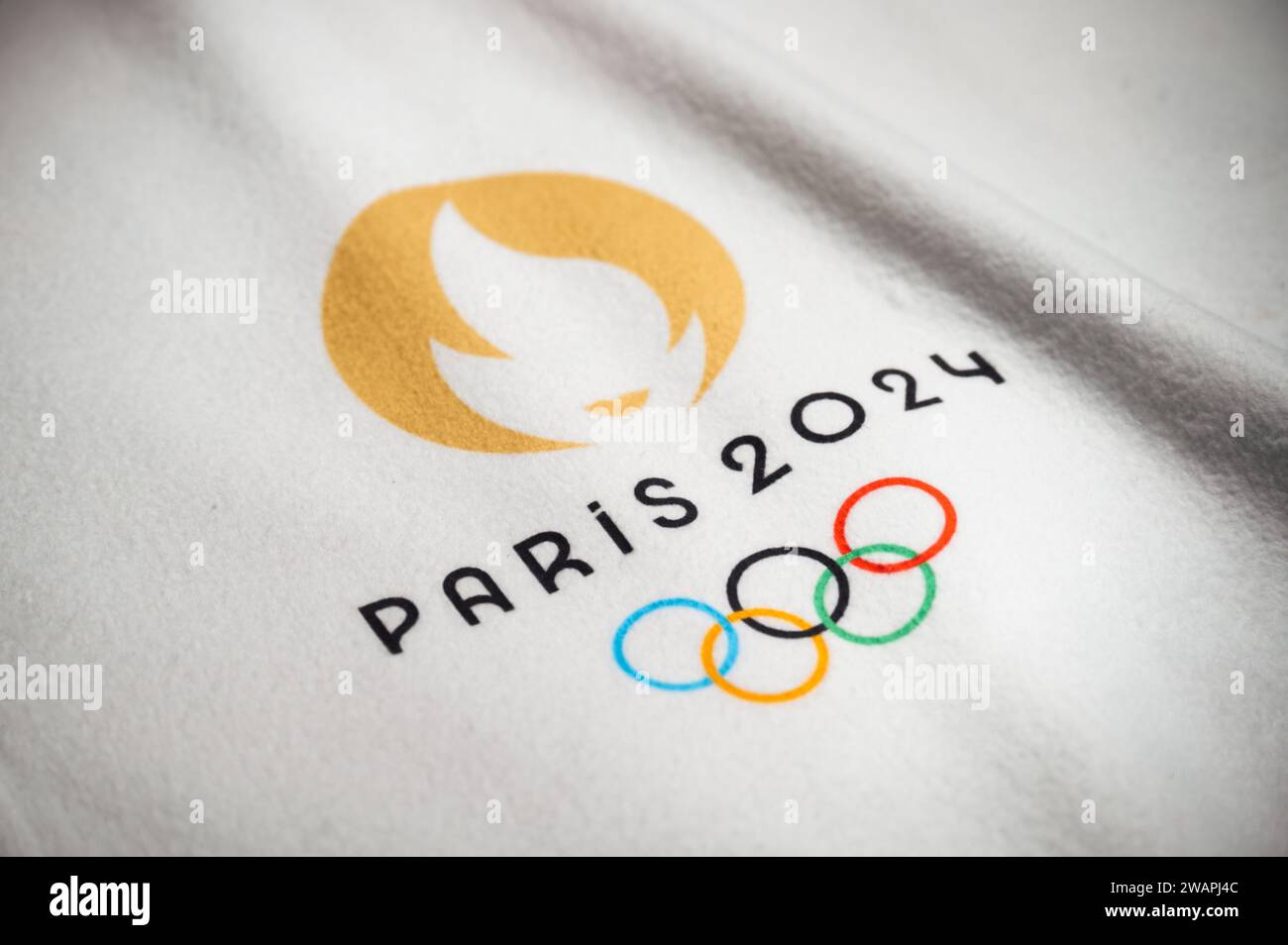 PARIS, FRANCE, DECEMBER 14. 2023: Official logo of Summer olympic game ...