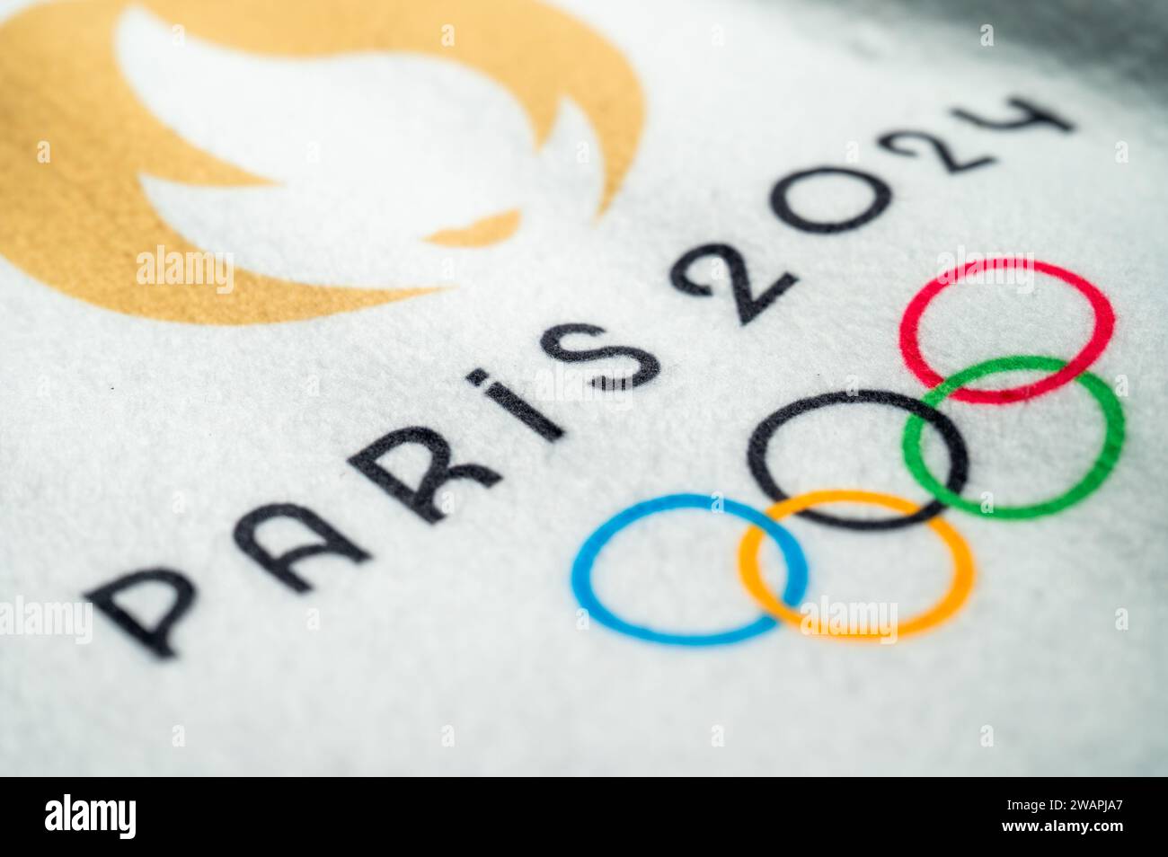 PARIS, FRANCE, DECEMBER 14. 2023: Official logo of Summer olympic game ...