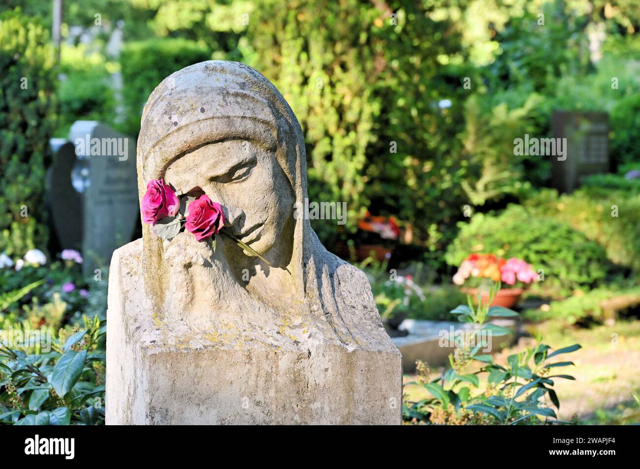 The mourning statue with praying hands and flowers in front of graves ...