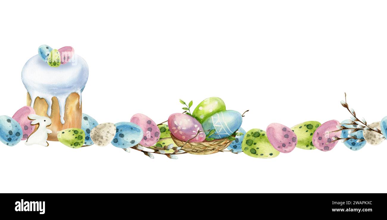 Watercolor Easter seamless border with Easter sweet bread, colorful ...