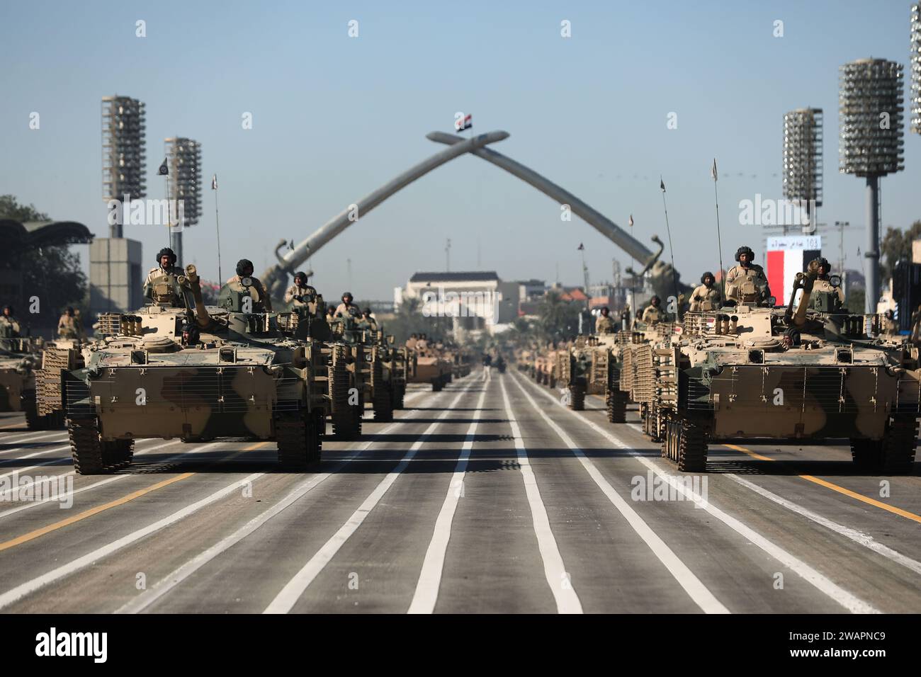 Baghdad, Iraq. 06th Jan, 2024. Soldiers on tanks take part in a ...