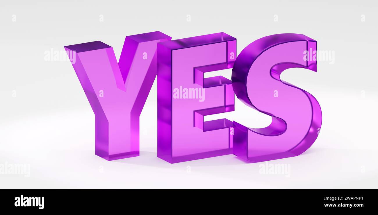 Luxury purple glass inscription yes on grey podium, soft light, front ...