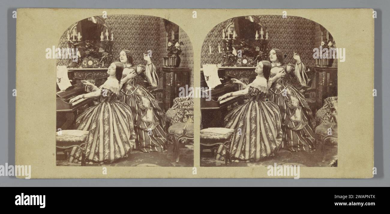 Piano playing woman with singing wife, 1857 - 1863 stereograph paper. cardboard albumen print ...