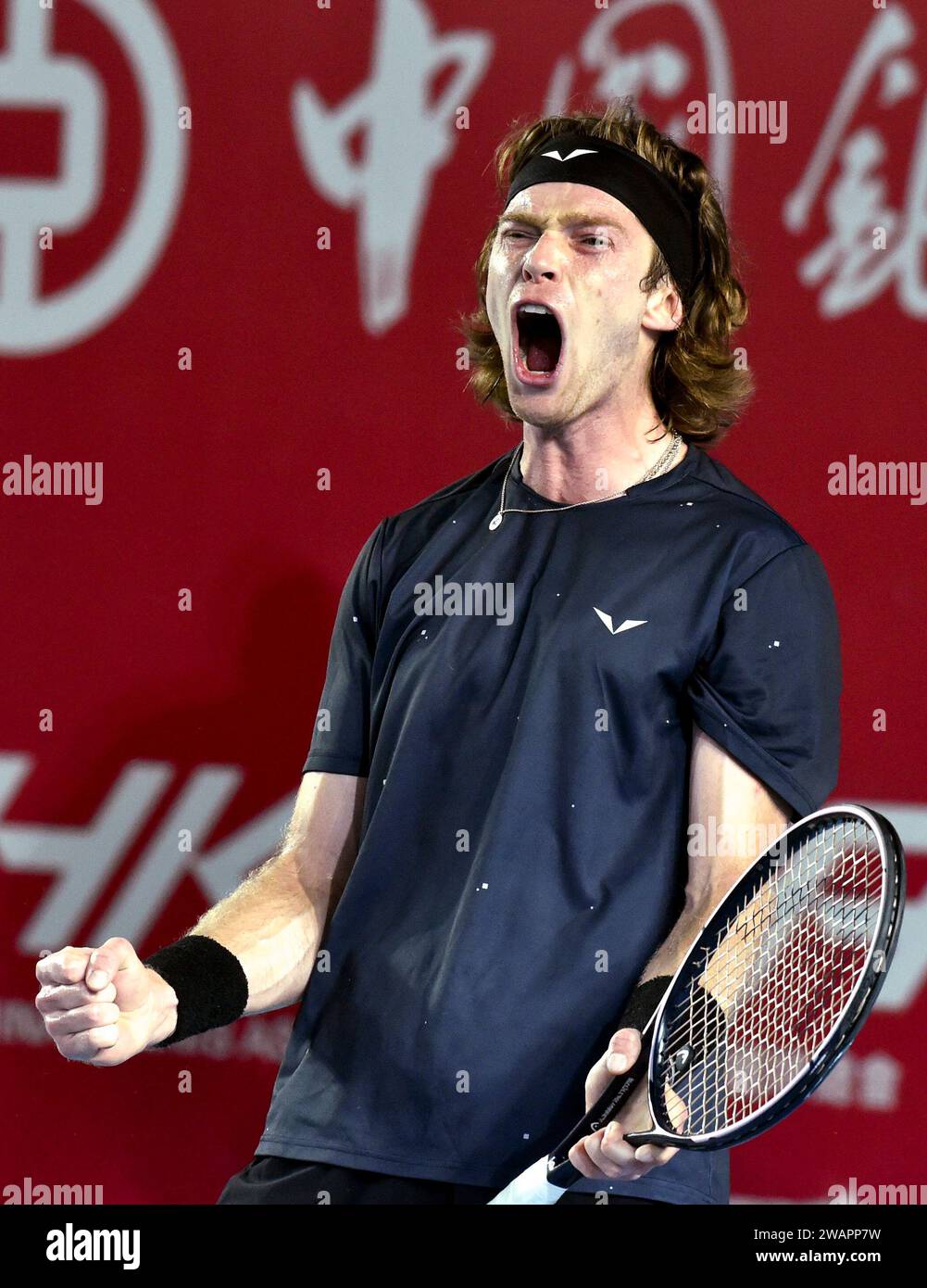 Hong Kong, South China. 6th Jan, 2024. Andrey Rublev celebrates scoring ...