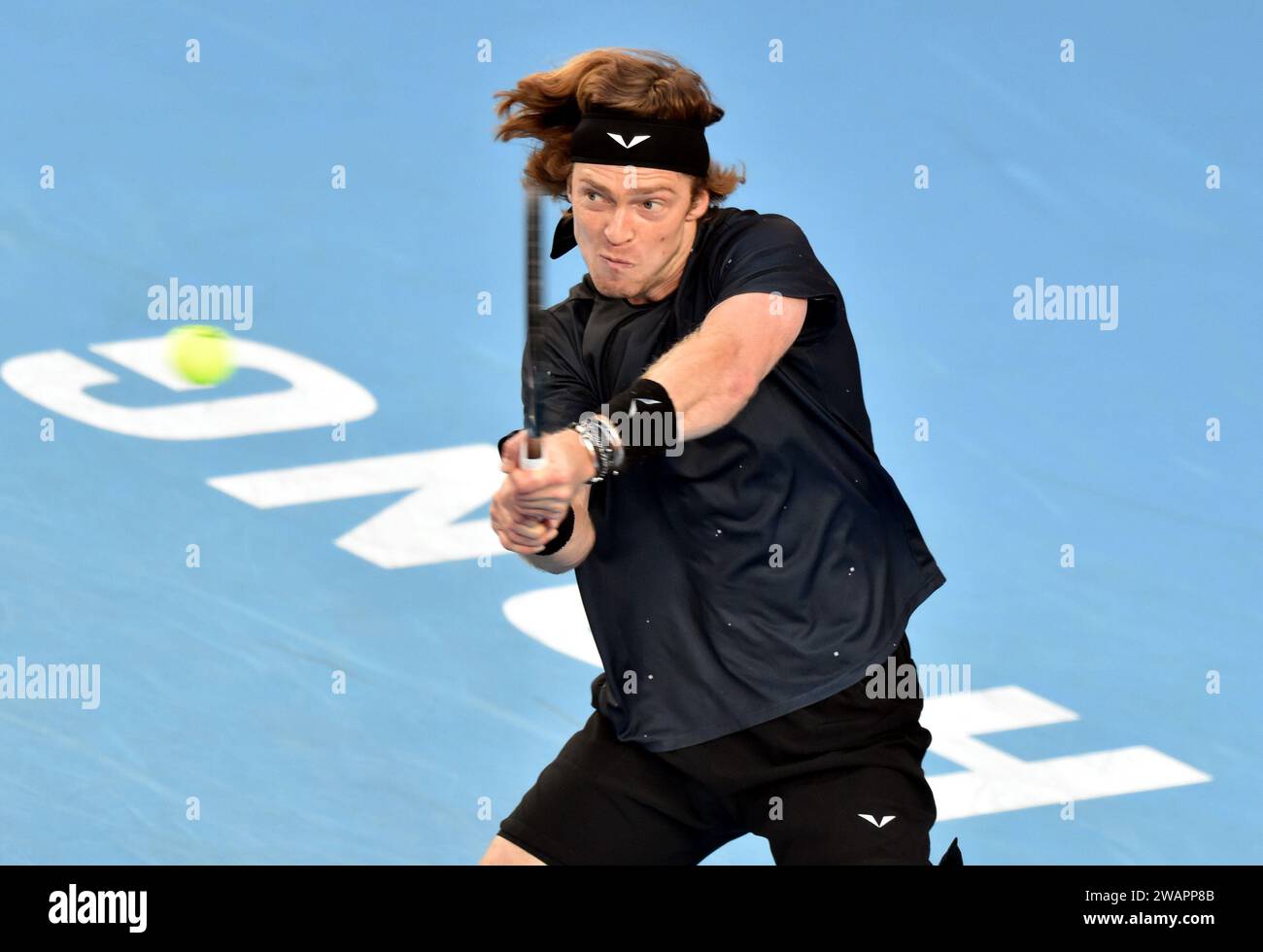 Hong Kong, South China. 6th Jan, 2024. Andrey Rublev hits a return ...