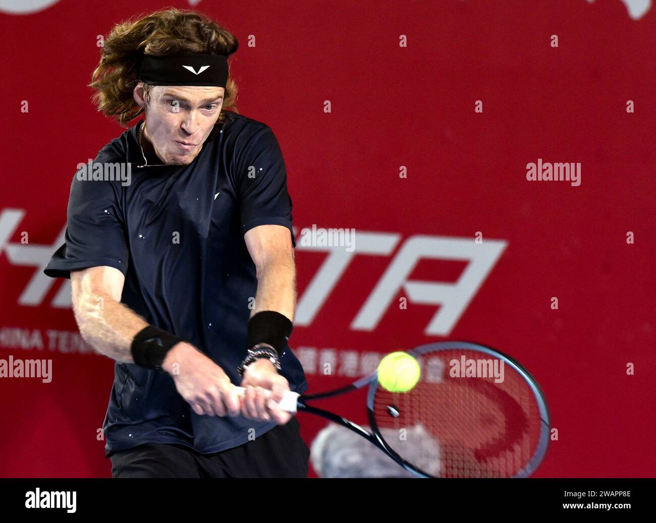 Hong Kong, South China. 6th Jan, 2024. Andrey Rublev hits a return ...