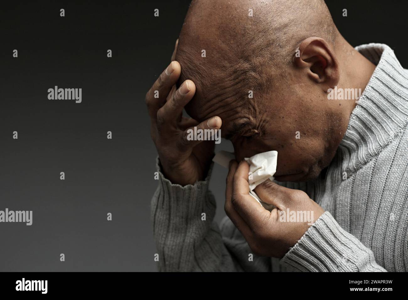 blowing nose after catching the cold and flu with grey background with ...