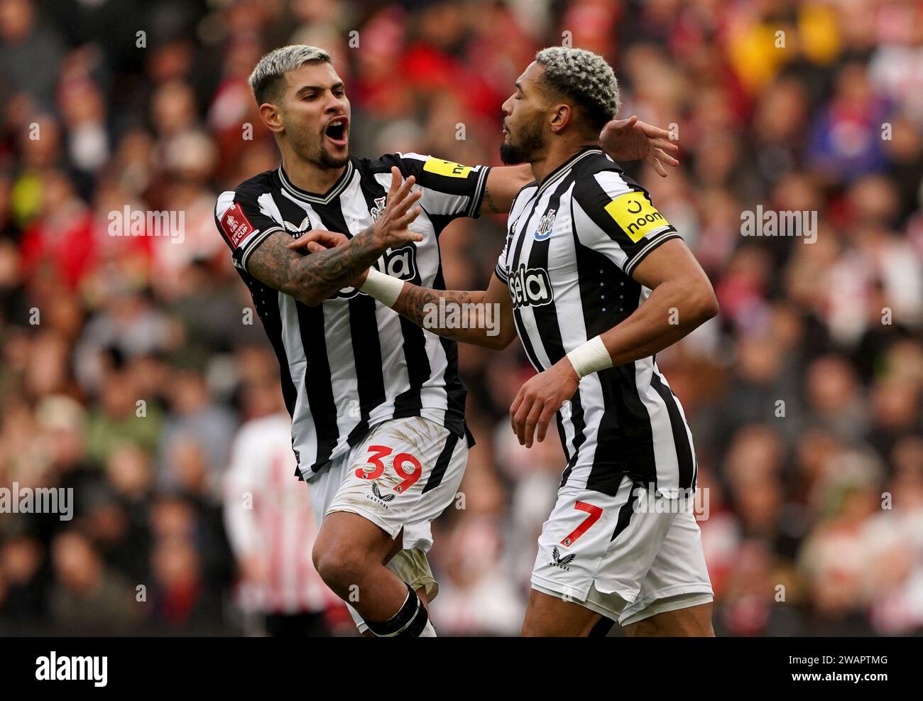 Newcastle United's Joelinton (centre) celebrates with Bruno Guimaraes ...