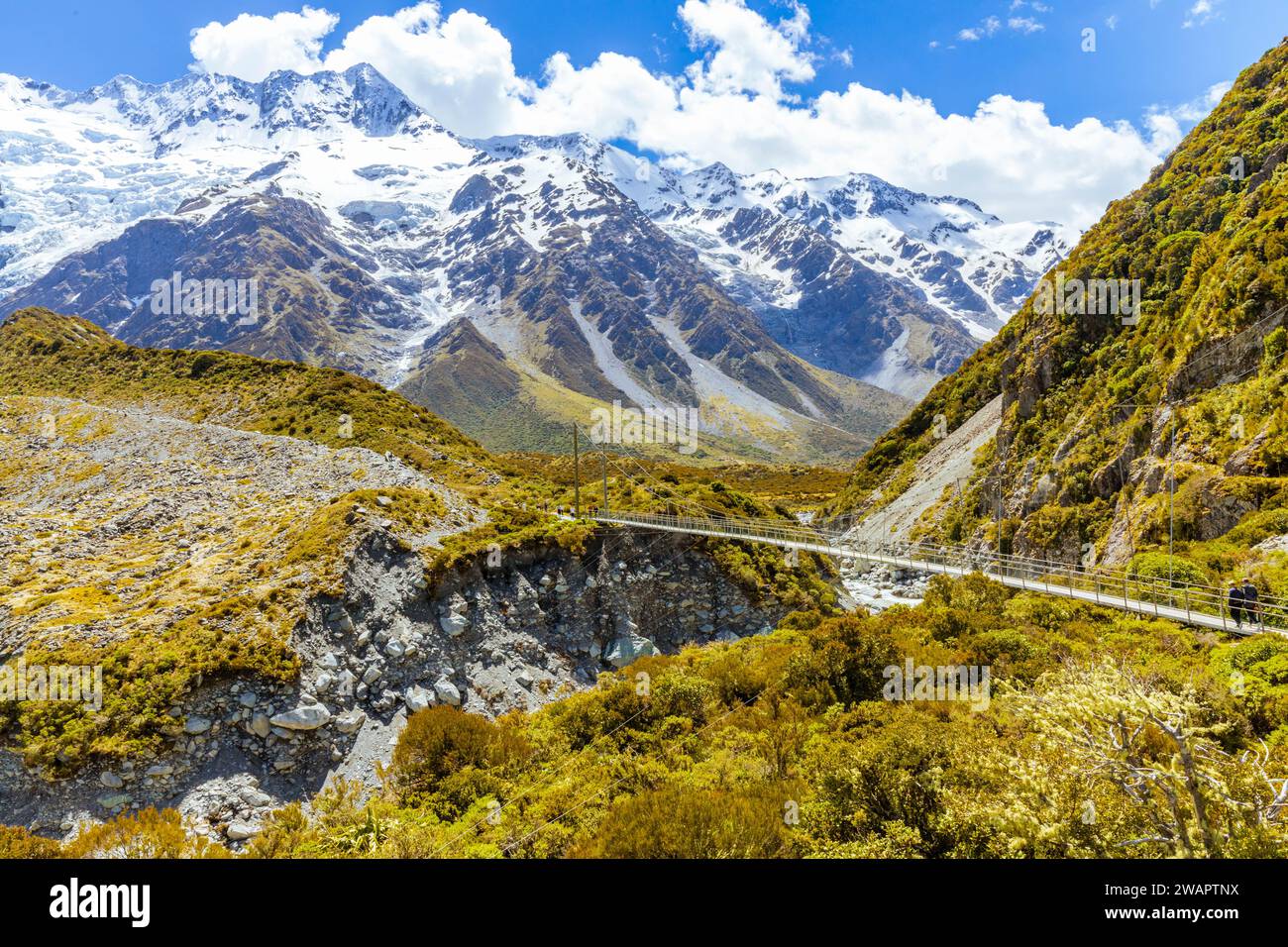 An aerial view of Mount Cook Suspension Bridge in New Zealand Stock ...