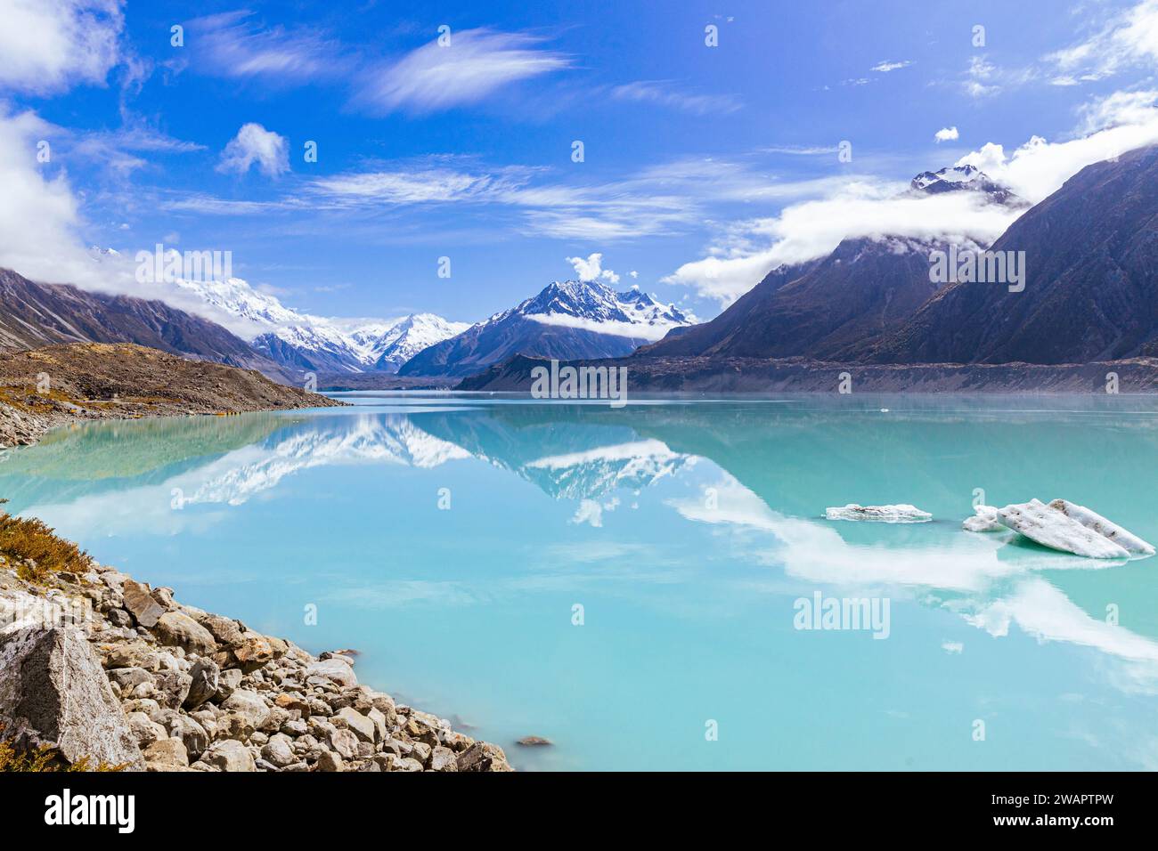 A scenic view of Tasman Glacier over Tasman Lake at Mount Cook, New ...