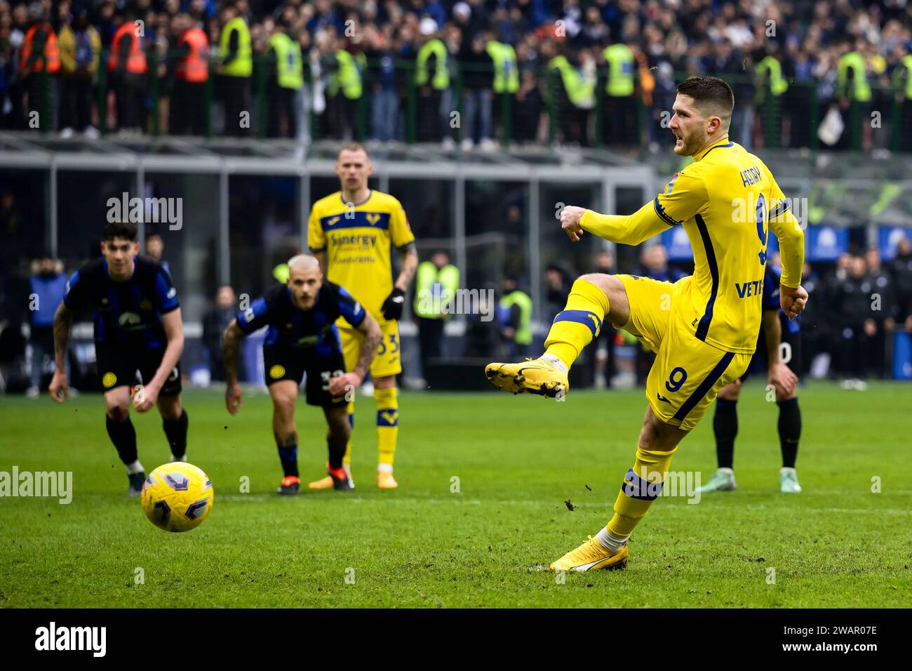 Milan, Italy. 6 January 2024. Thomas Henry of Hellas Verona FC misses a ...