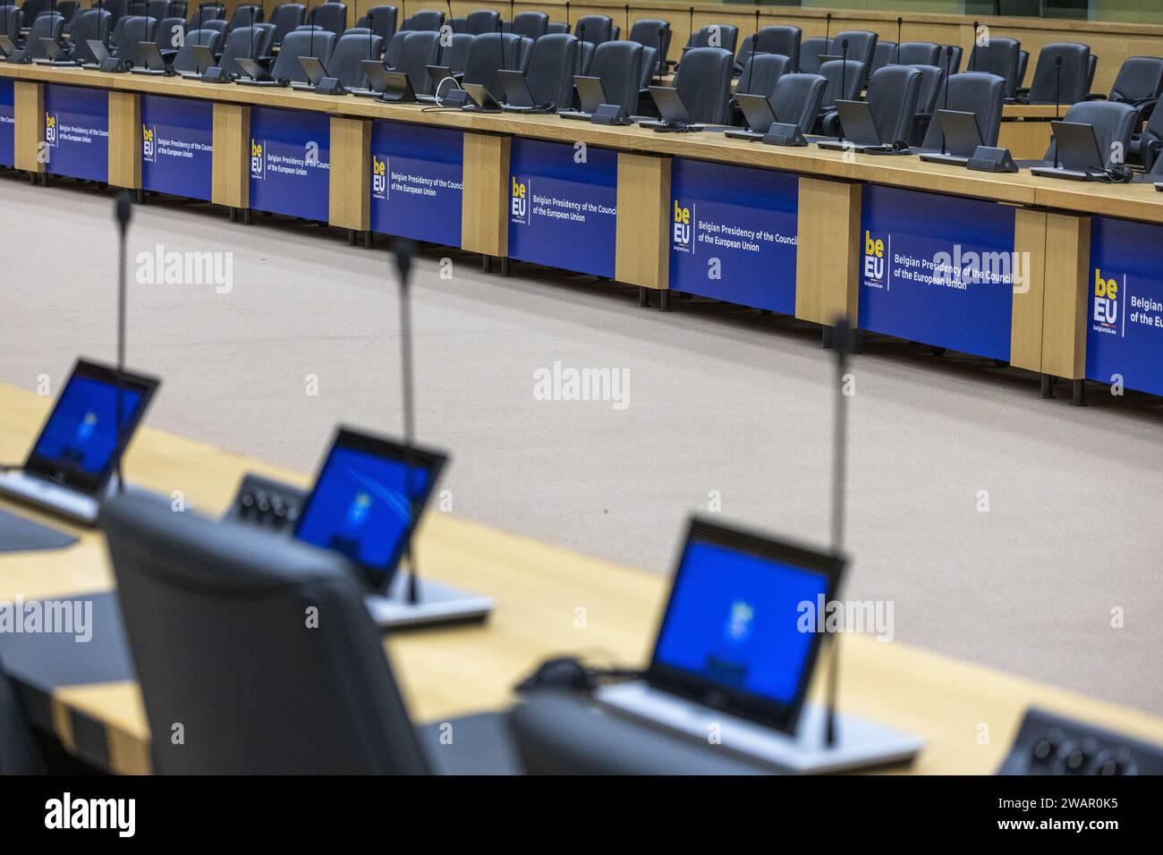 Brussels, Belgium. 05th Jan, 2024. The BE EU Belgian presidency logo pictured during a press ...